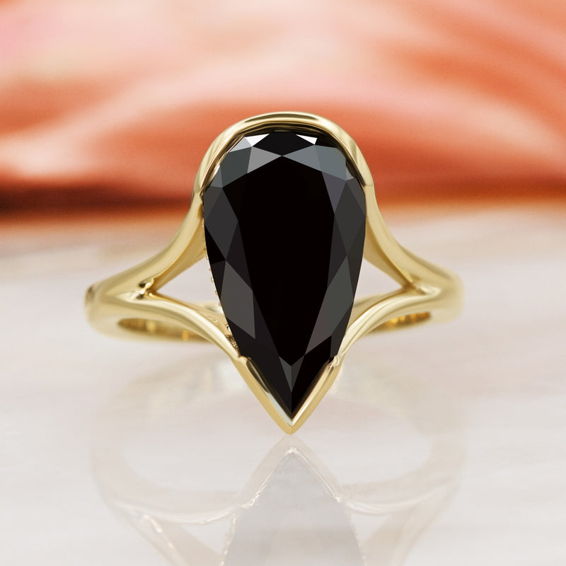 Semi Bezel Natural Black Diamond Elongated Pear Engagement Ring in Yel